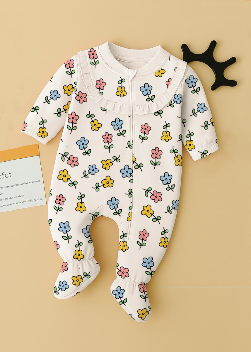 Blossom Printed Frilled Zipper Fleece Footed Sleepsuit – Branny