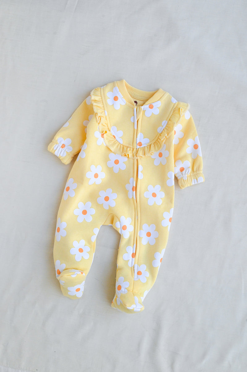 Floral Printed Frilled Zipper Fleece Footed Sleepsuit – Branny