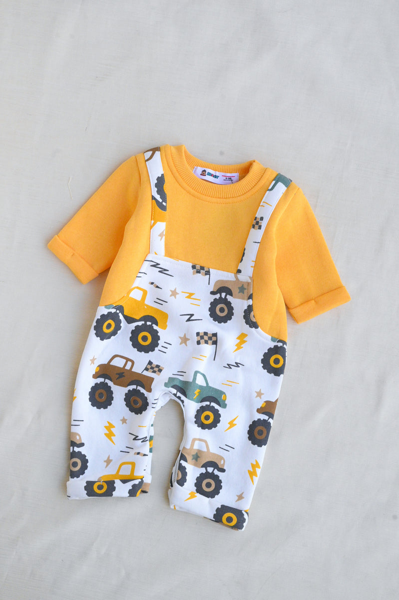 Monster Truck Printed Dungaree Fleece Sleepsuit – Branny