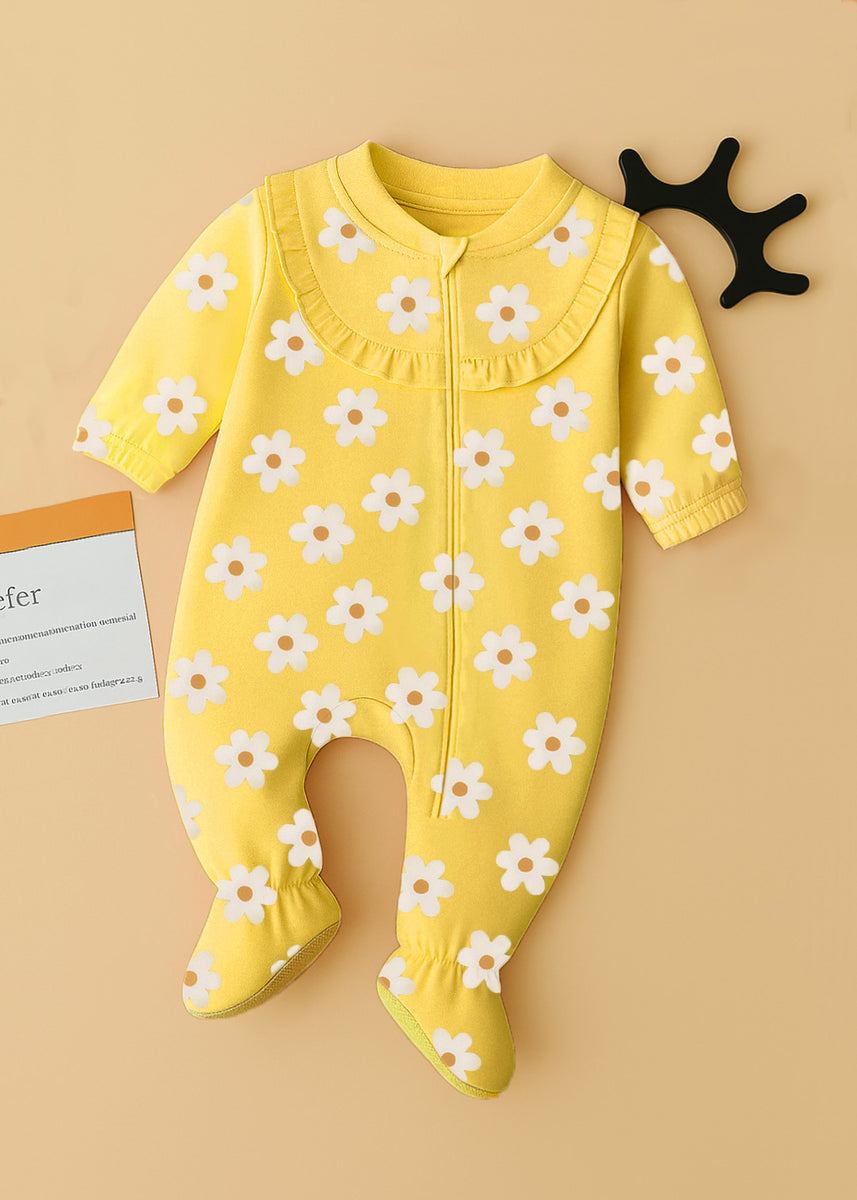 Floral Printed Frilled Zipper Fleece Footed Sleepsuit – Branny